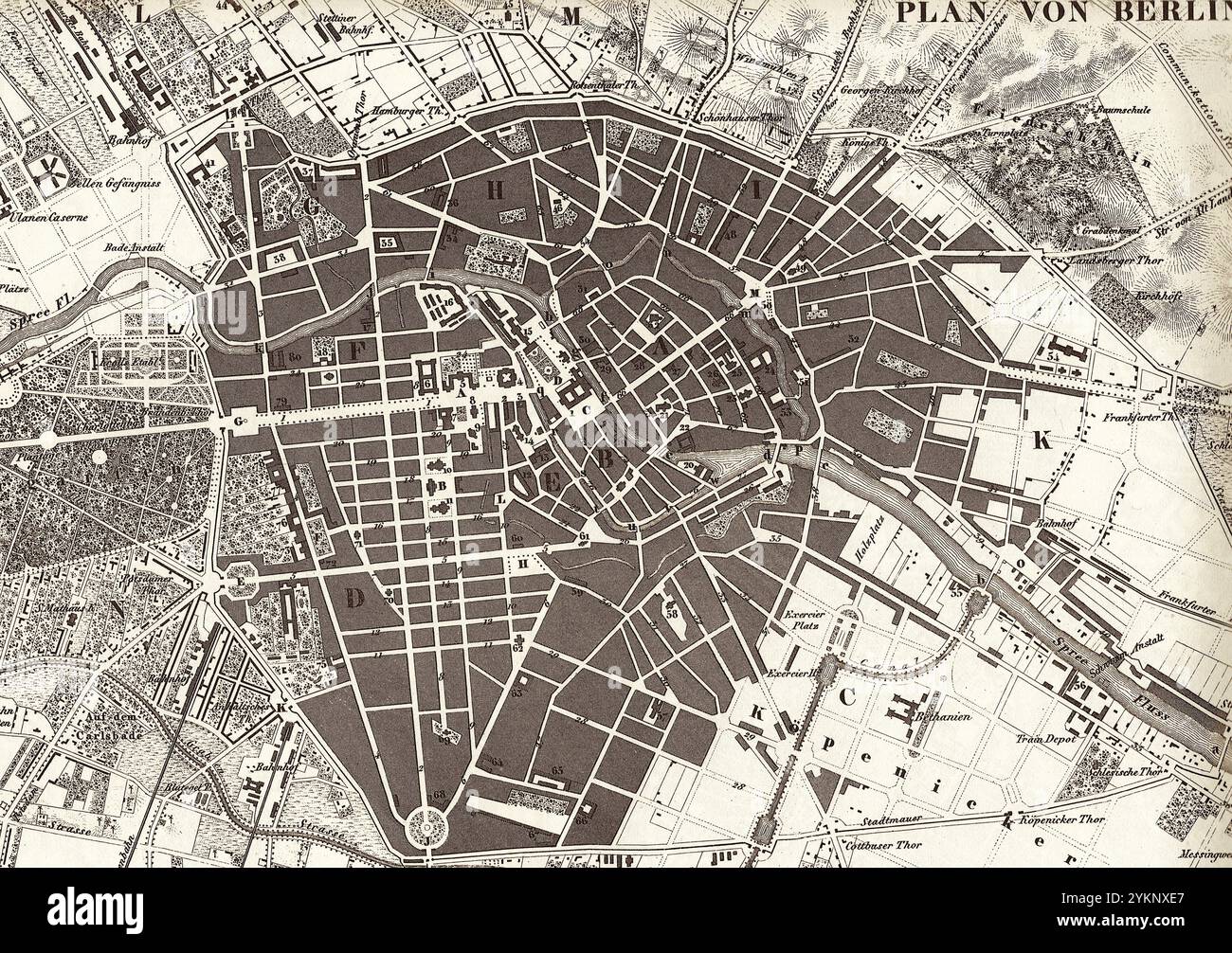 A mid 19th century antique map in sepia showing the city of Berlin ...