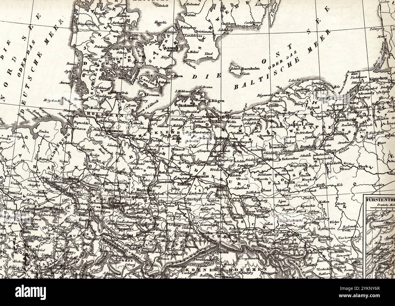A mid 19th century antique map in sepia showing Northern Europe Stock ...