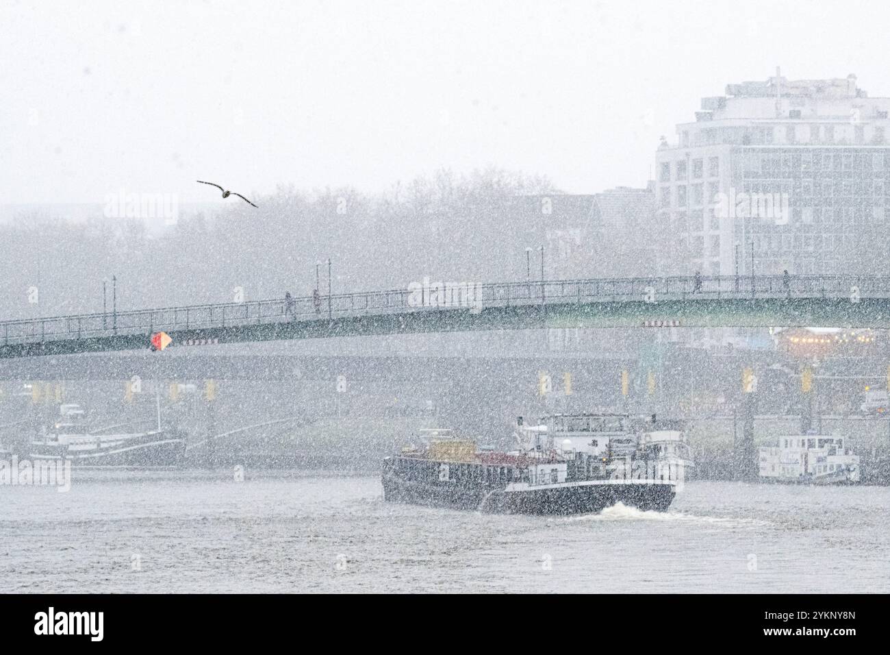 Bremen, Germany. 19th Nov, 2024. Snow over the Weser. The German ...