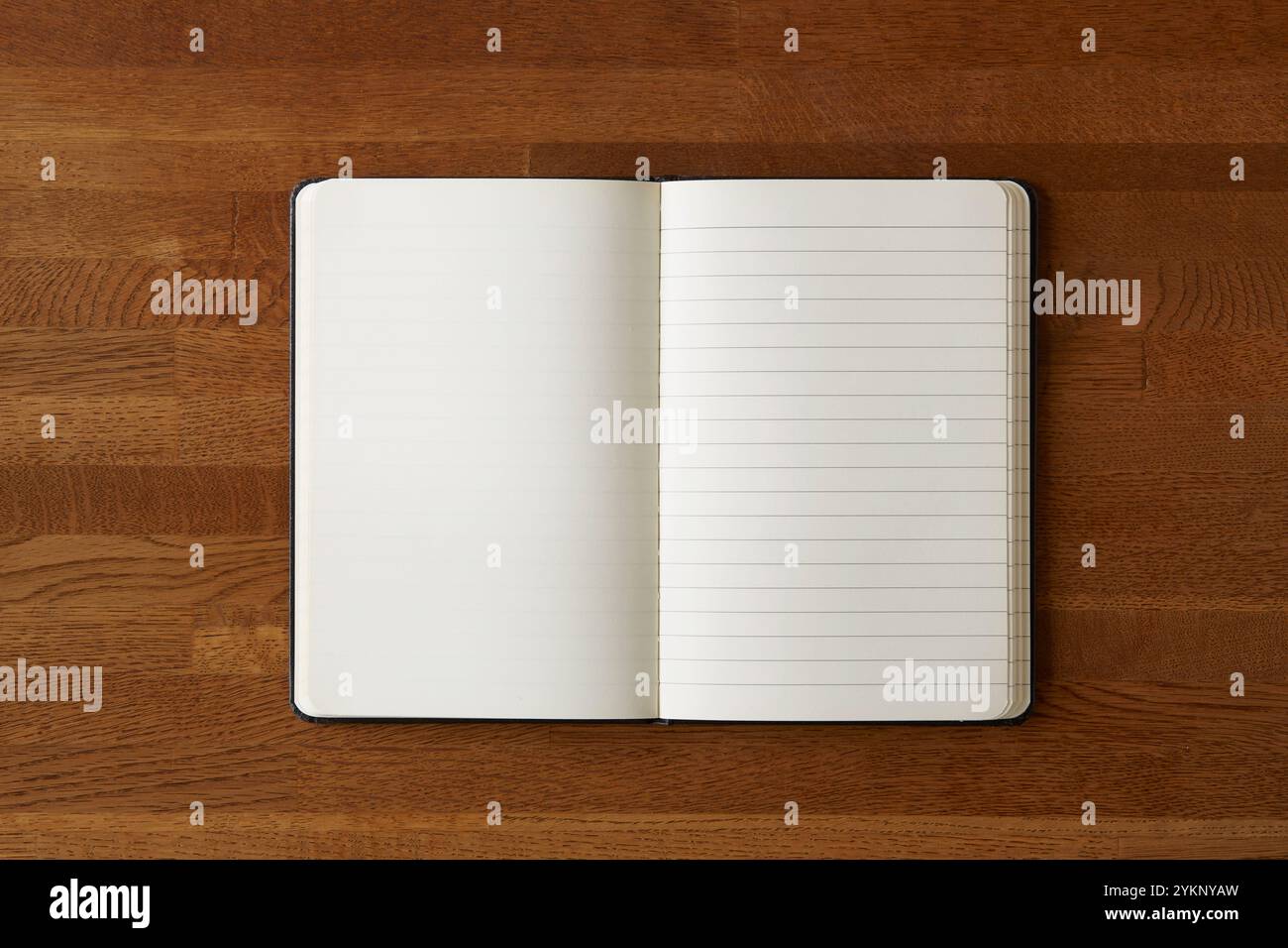 Wooden desk, open white notebook with plain and horizontal lines Stock ...