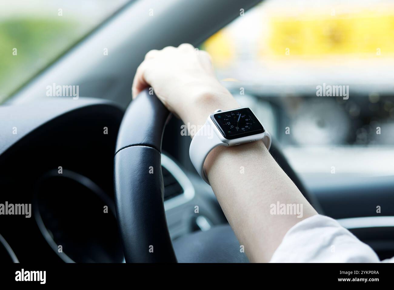 Smartwatch, car and woman's hand Stock Photo - Alamy