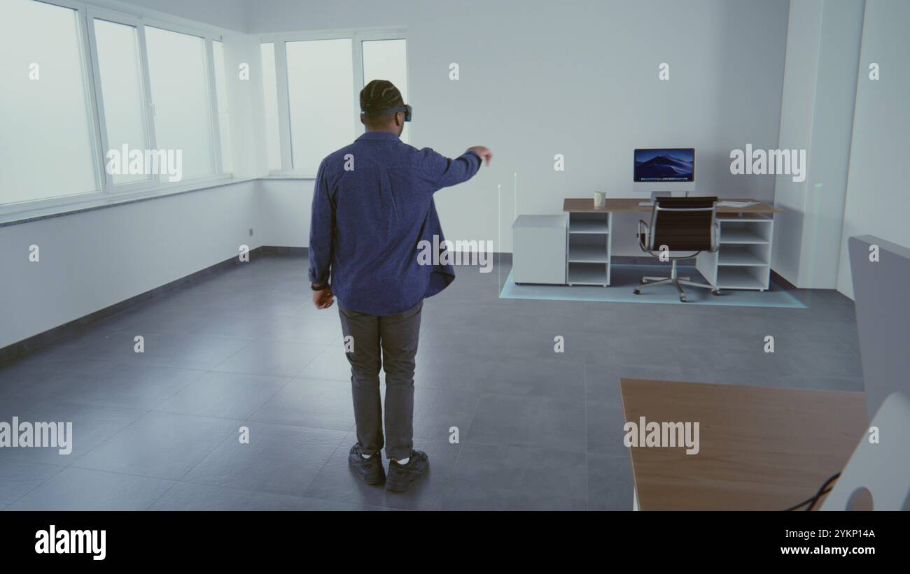 VFX animation: Talented African American designer in VR headset uses ...