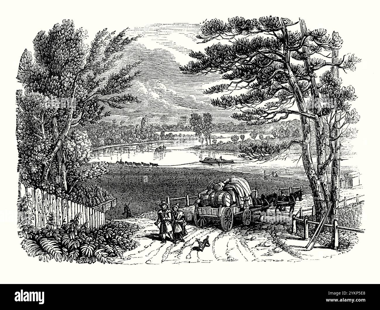 An old engraving of the River Thames at Coway (Cowey) Stakes, Walton-on ...