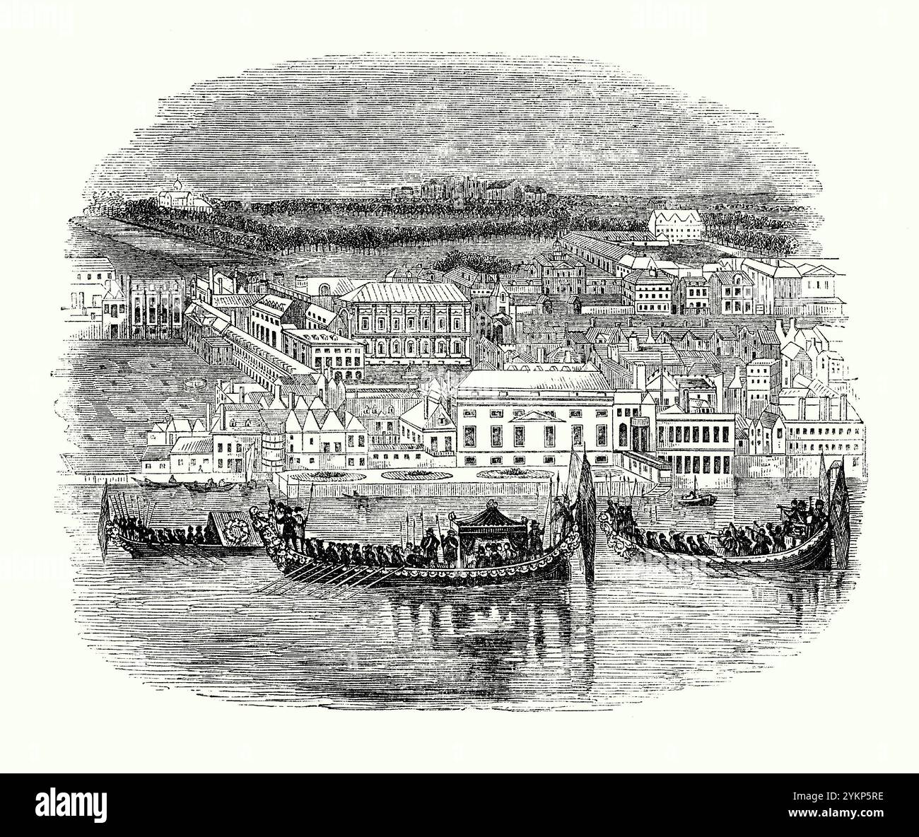 An old engraving with a view from the River Thames showing The Palace ...