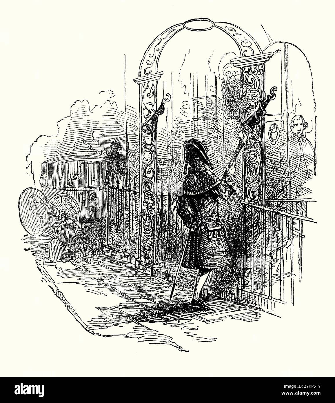 An old engraving of a uniformed footman carrying a torch or flambeau ...