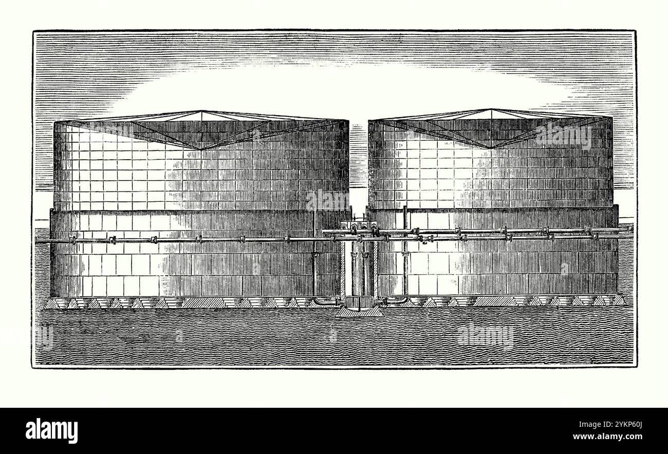 An old engraving of Victorian gasometers or gas holders, England, UK ...