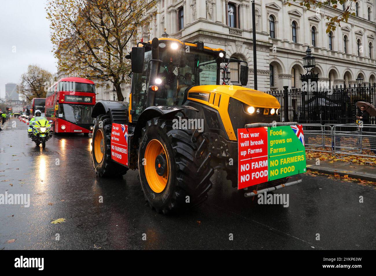 London, UK, 19th November 2024.A tractor drives past Downing Street on ...