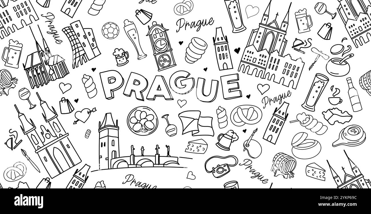 horizontal Prague doodles, cartoon decorative elements collection set ...