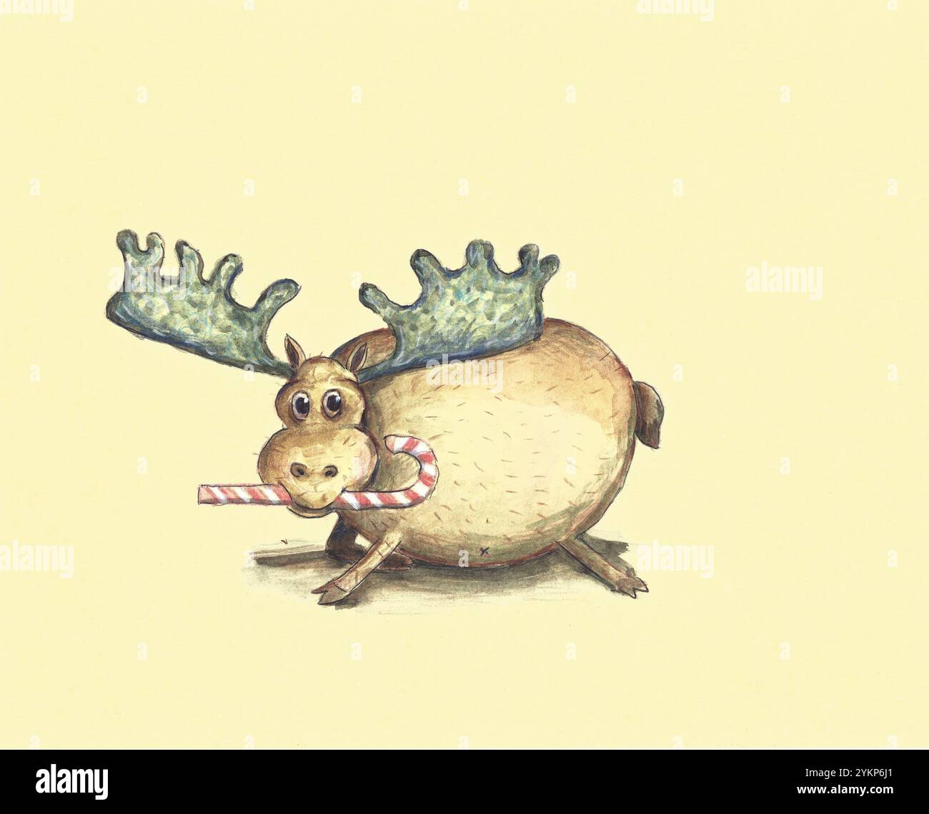 Humorous illustration of a greedy obese moose eating a Christmas candy ...