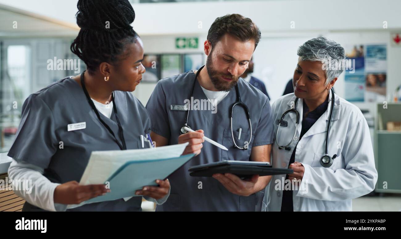 Healthcare, tablet and group with documents, hospital and diversity of ...