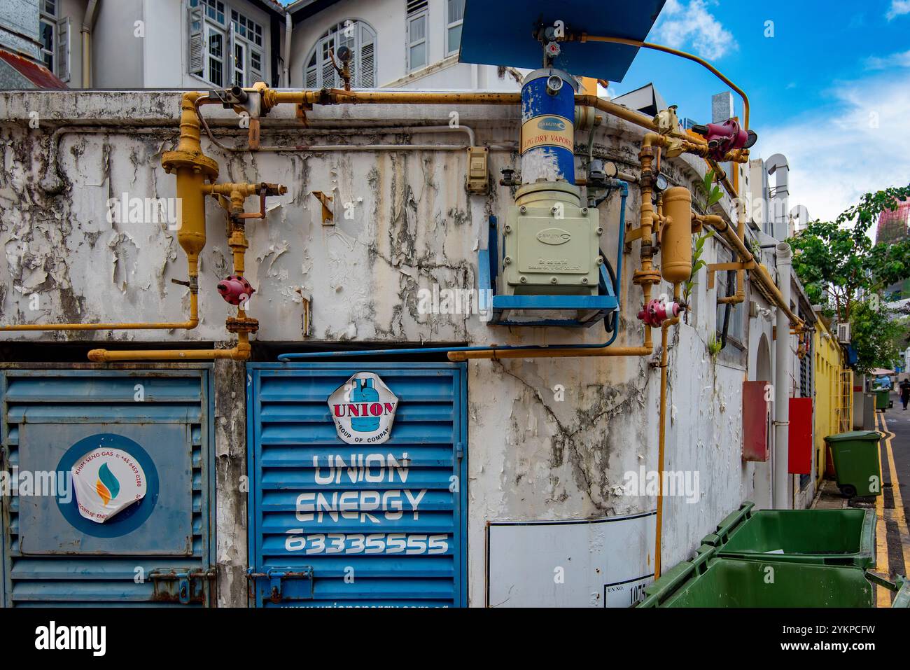 Gas supply and external plumbing connections at the rear of a shophouse ...