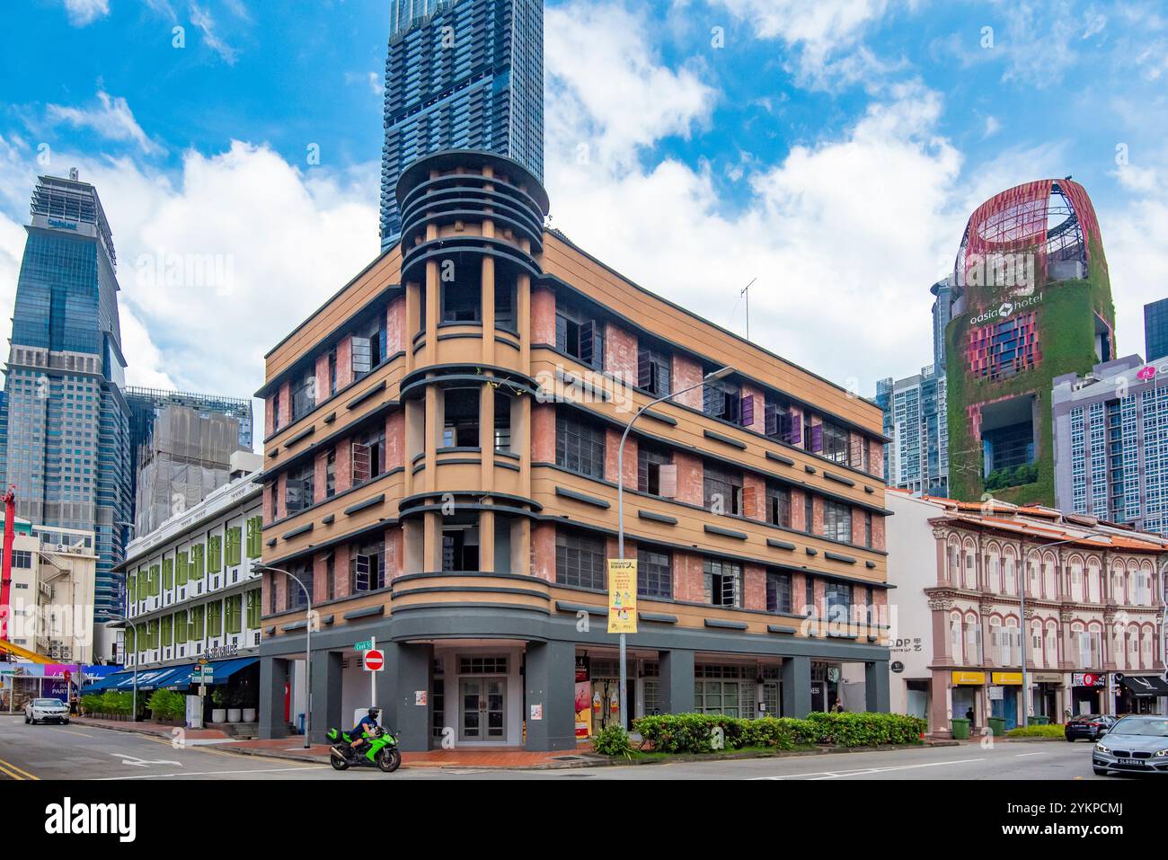An empty and older three level building with some art deco styling in ...