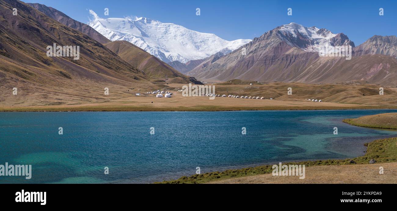 Landscape panorama of snowcapped Lenin Peak aka Ibn Sina peak in Trans ...