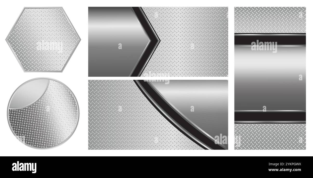 Set of silver gray metal backgrounds and elements, 3D polished chrome ...