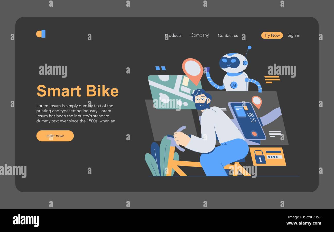 Smart Bike Concept A Man Interacts With A High Tech Exercise Bike Monitored By An Ai Robot