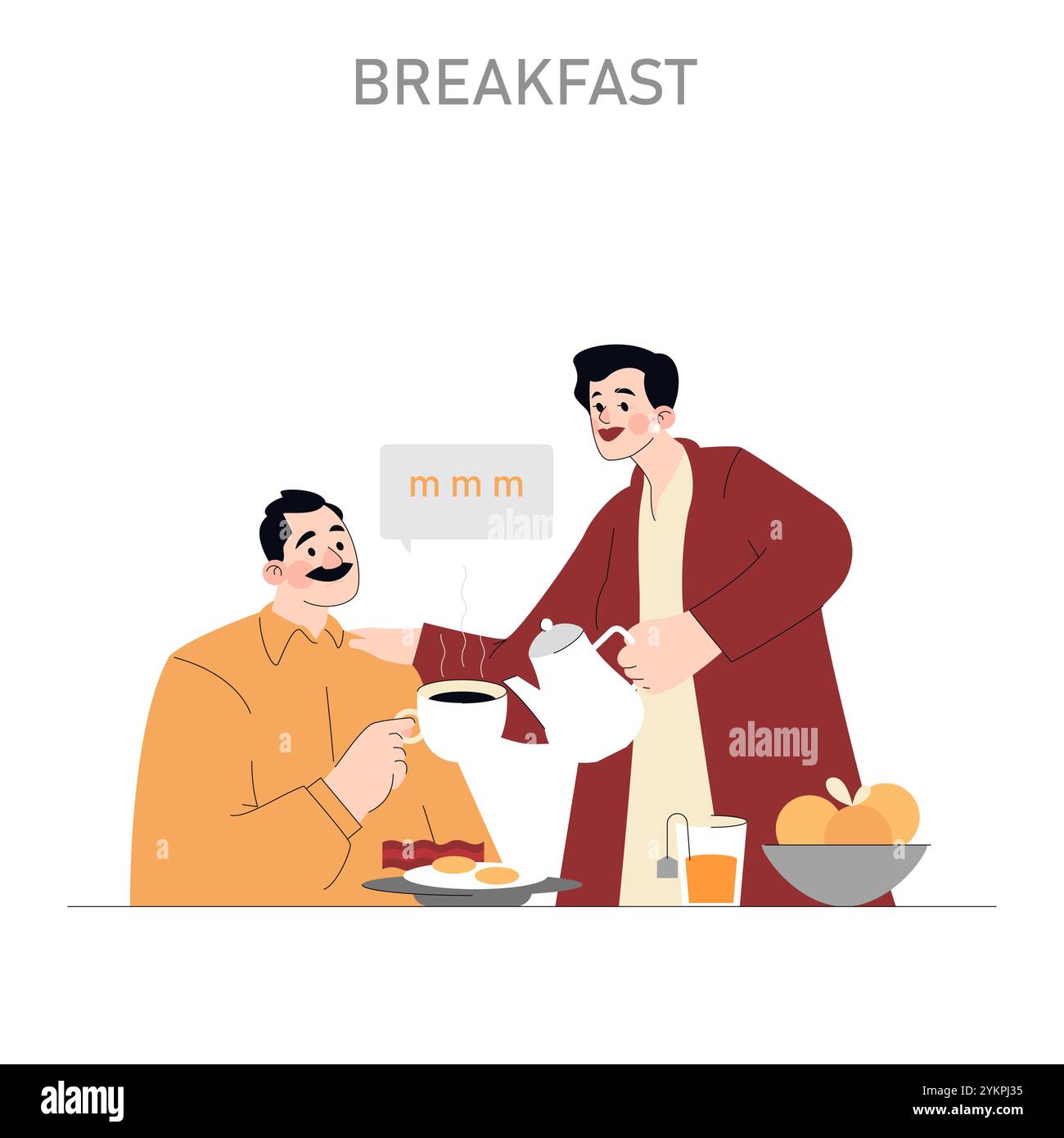 Morning routine concept. Two smiling men enjoying a hearty breakfast ...