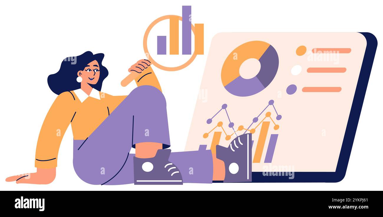 Businesswoman concept. Analyzing data charts on a tablet, a professional woman engages in ...