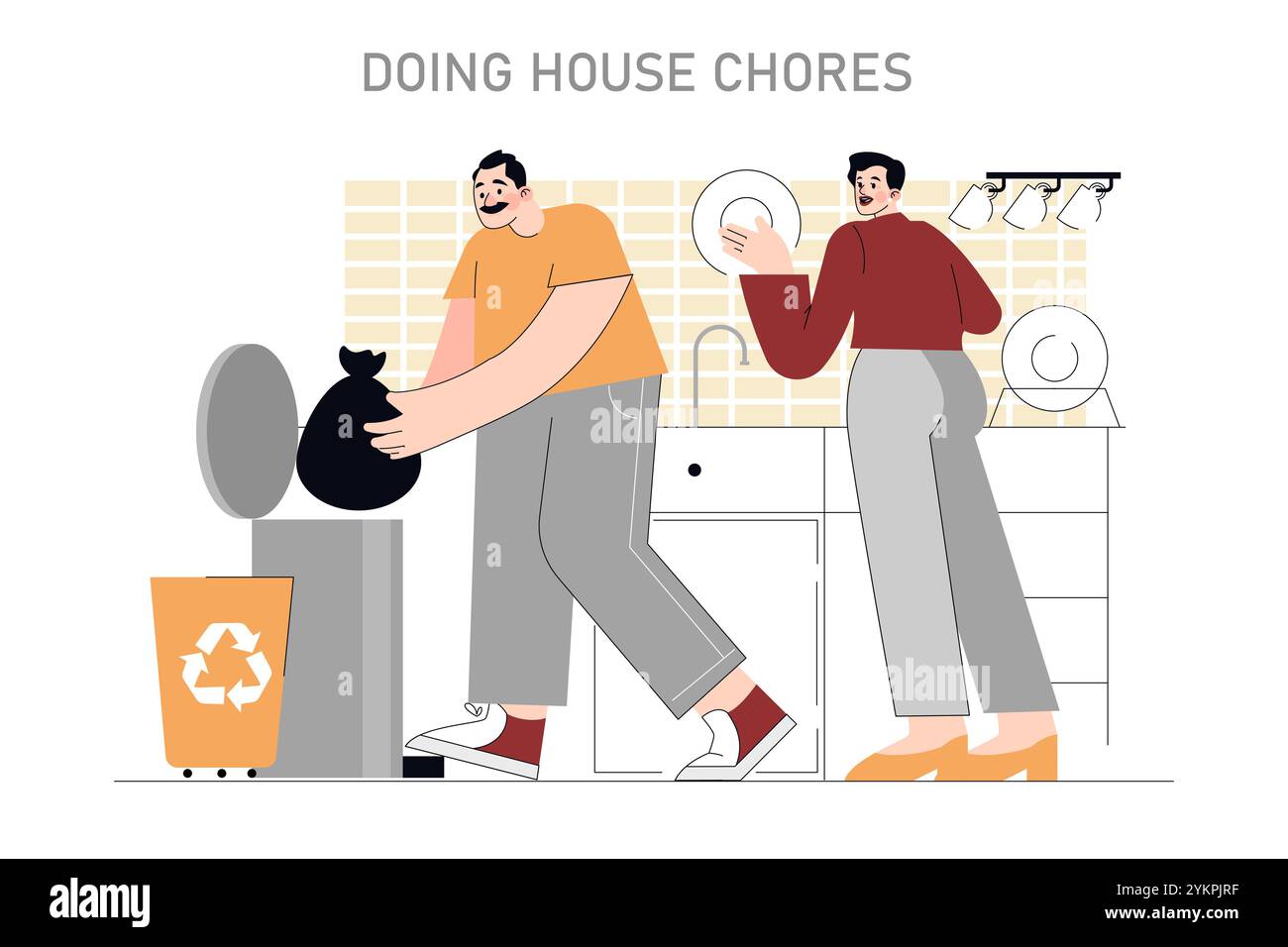 Household Chores concept. Two people engage in daily activities ...