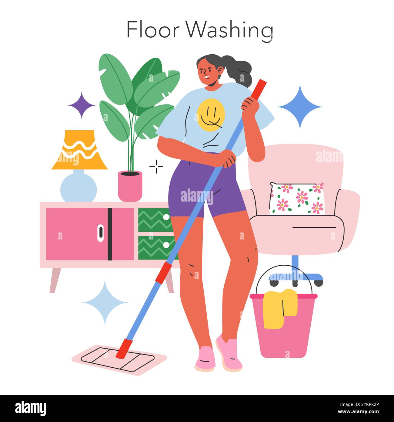 House cleaning concept. An efficient woman mops the floor in a cozy ...