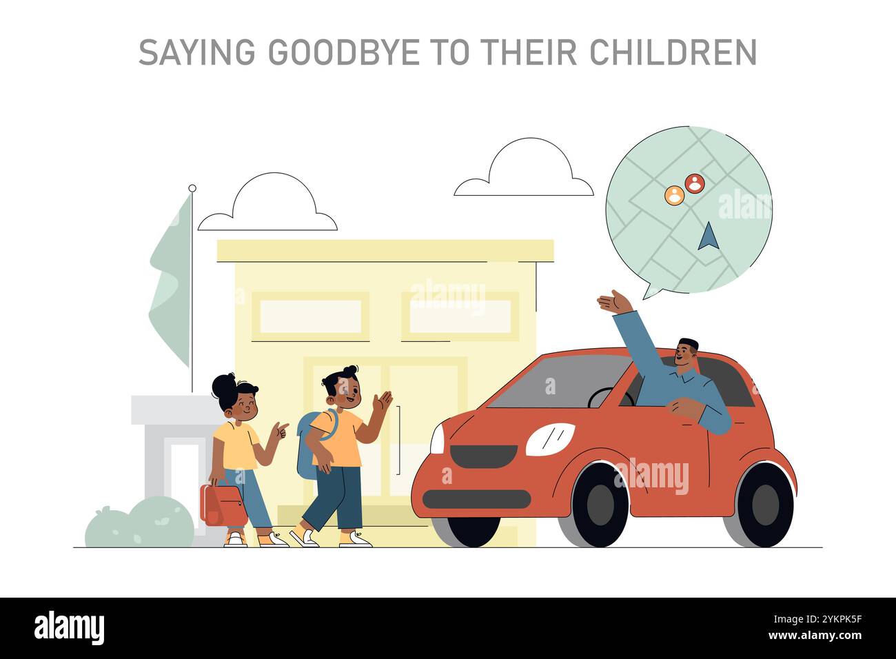 Parent departing for work waves goodbye to kids outside home. Everyday ...