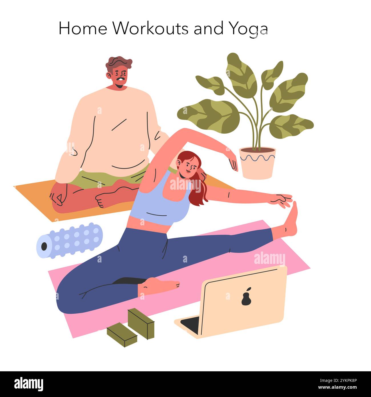 Home workouts and yoga session illustration with couple exercising and following online class ...
