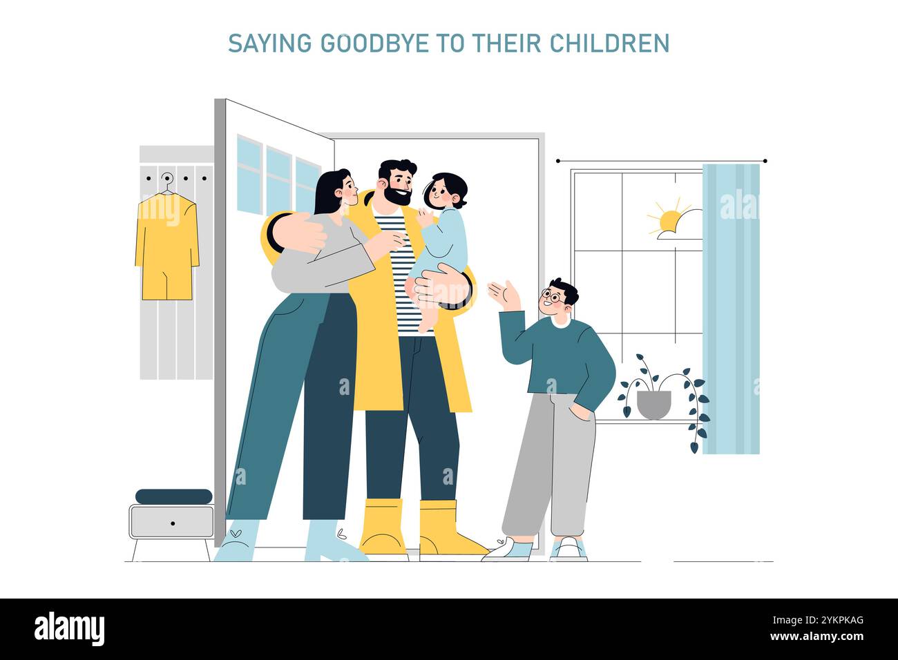 Family farewell scene with parents and children sharing a warm goodbye ...