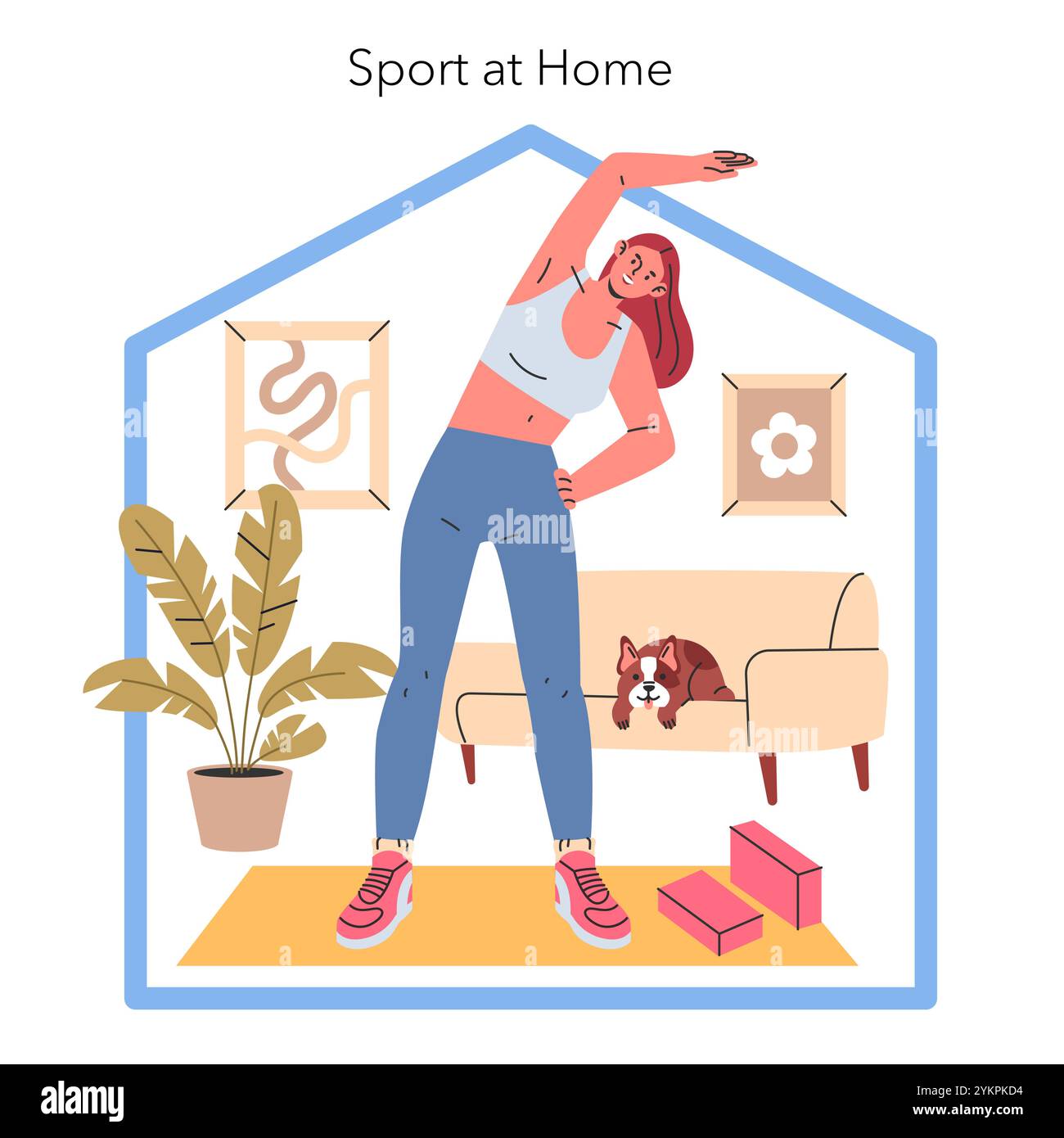 Sport at Home concept. Woman doing side stretches in a cozy living room ...