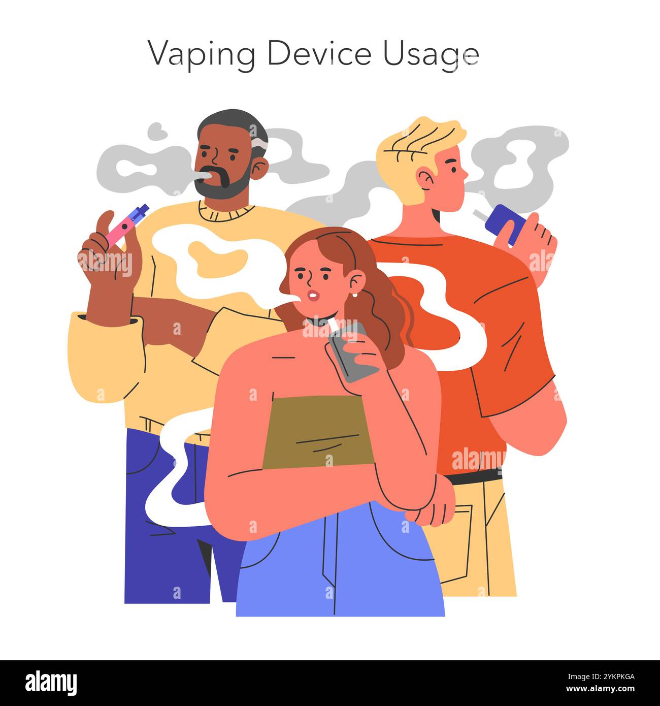 EVALI concept illustration. Three individuals using vaping devices with ...