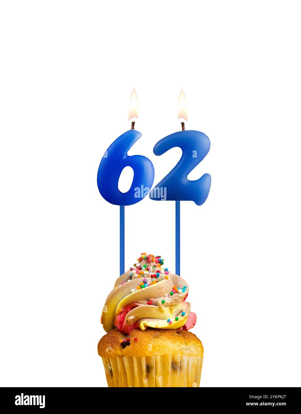 Candle in shape of the number 62 - Blue birthday on a white background ...