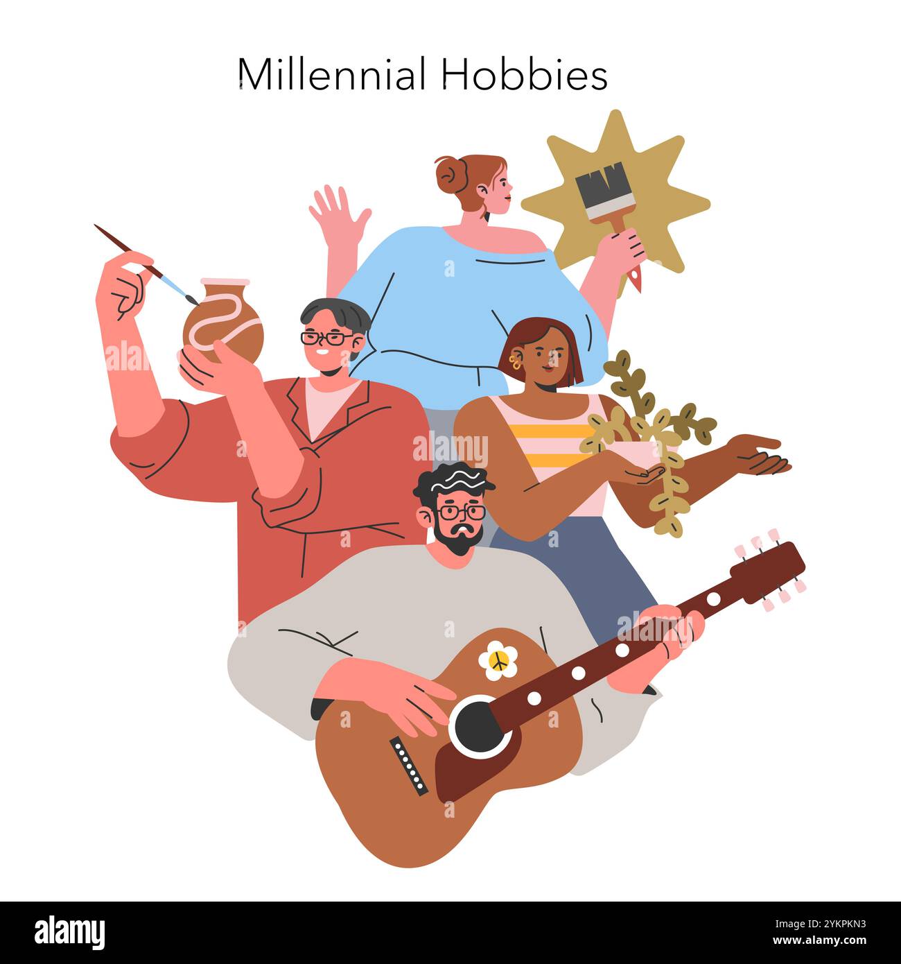 Millennial Hobbies concept. Group of young adults engaging in creative ...
