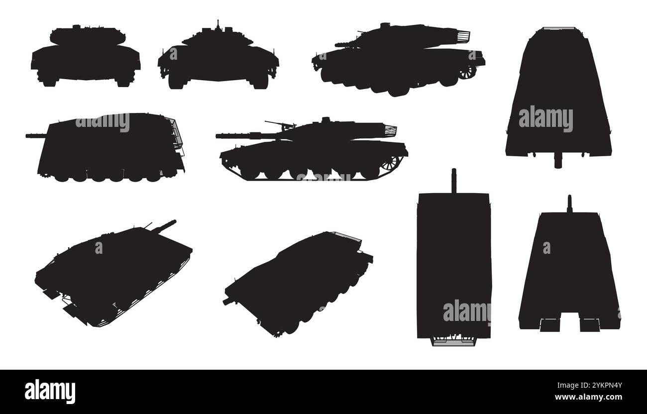 Military Tank silhouette vector illustration on white background. Set ...