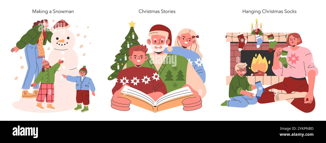 Christmas Family Activities set. A family enjoys winter fun, reads ...