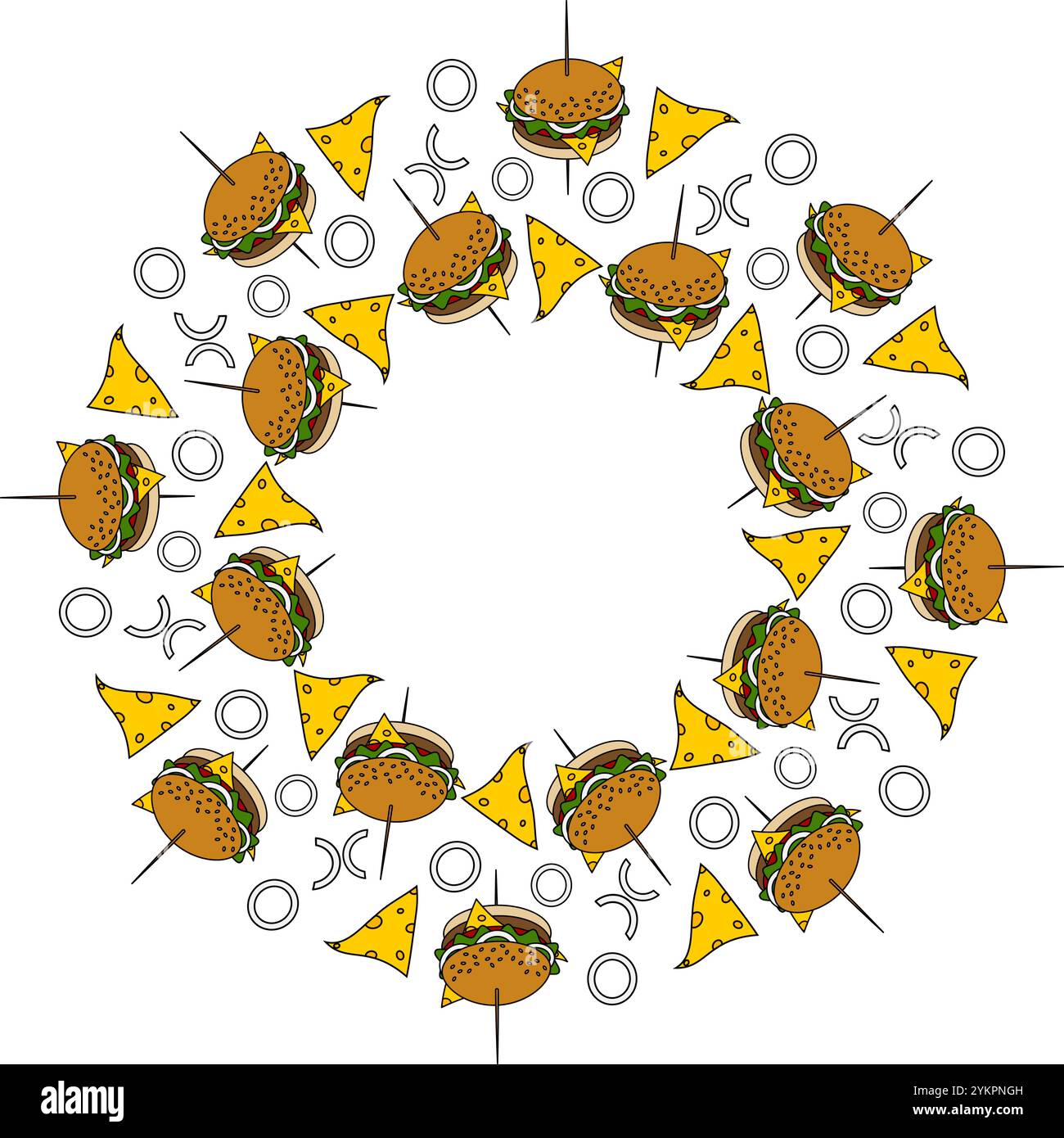 Burger on stick Chees, onion, salad leaves, sesame bun Circle frame ...