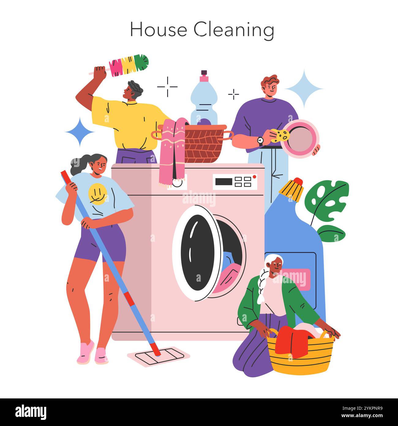 House Cleaning concept. Diverse group of people engaged in domestic ...