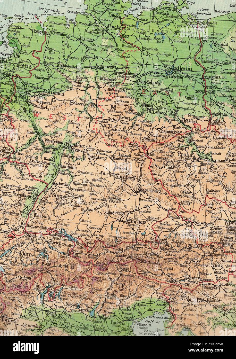 A vintage mid 20th century geographical map showing Germany and central ...
