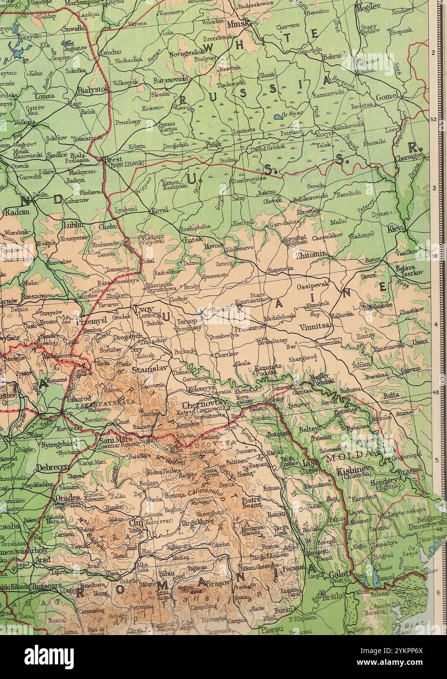 A vintage mid 20th century geographical map showing Russia and Ukraine ...