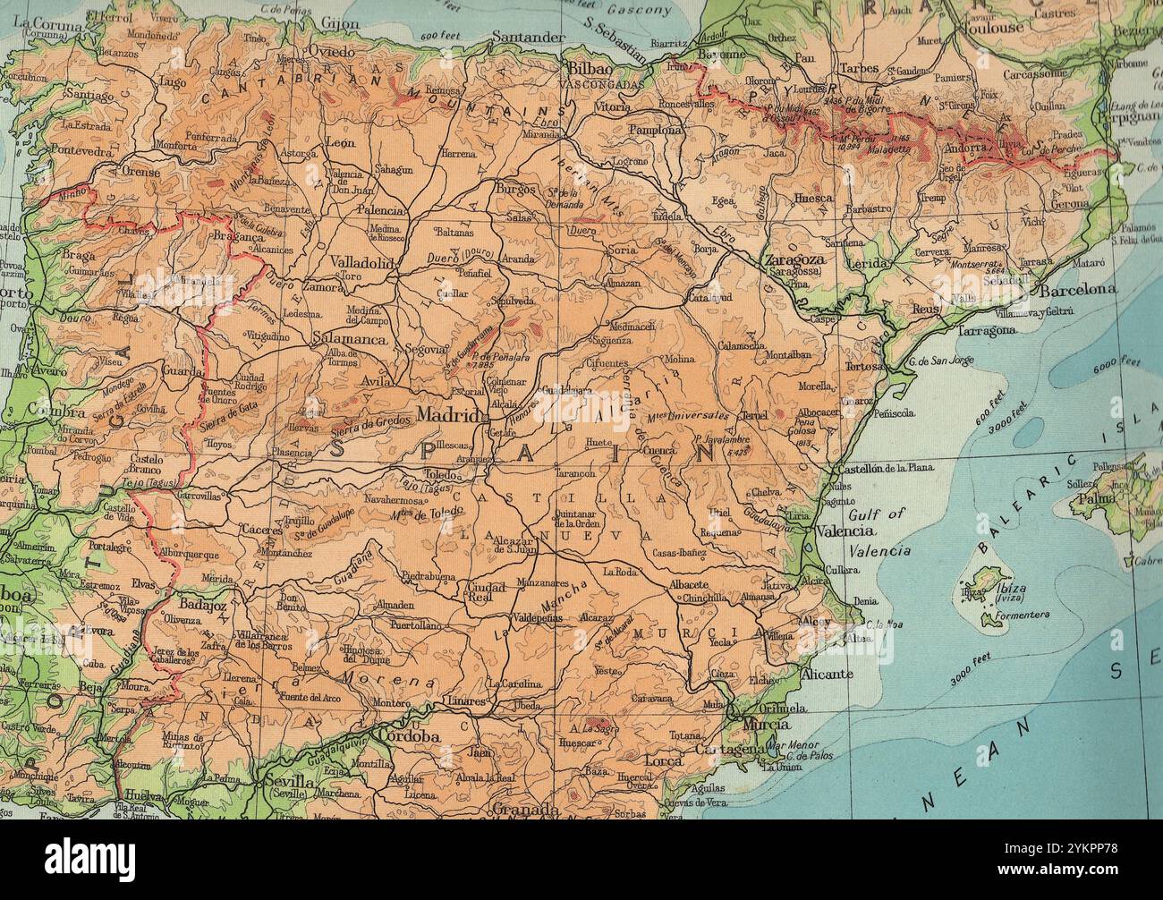 A vintage mid 20th century geographical map showing Spain Stock Photo ...