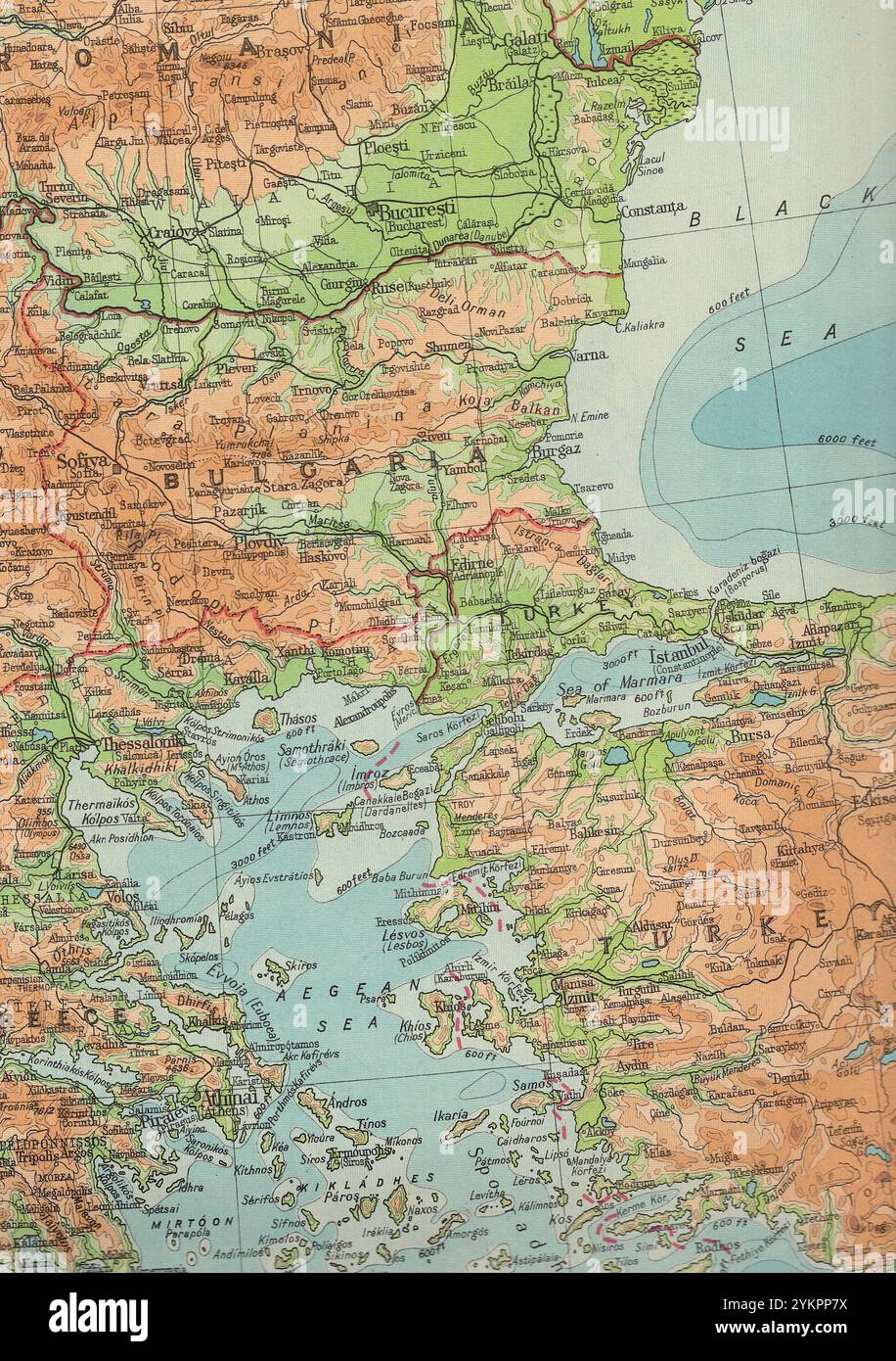 A vintage mid 20th century geographical map showing Bulgaria, Turkey ...