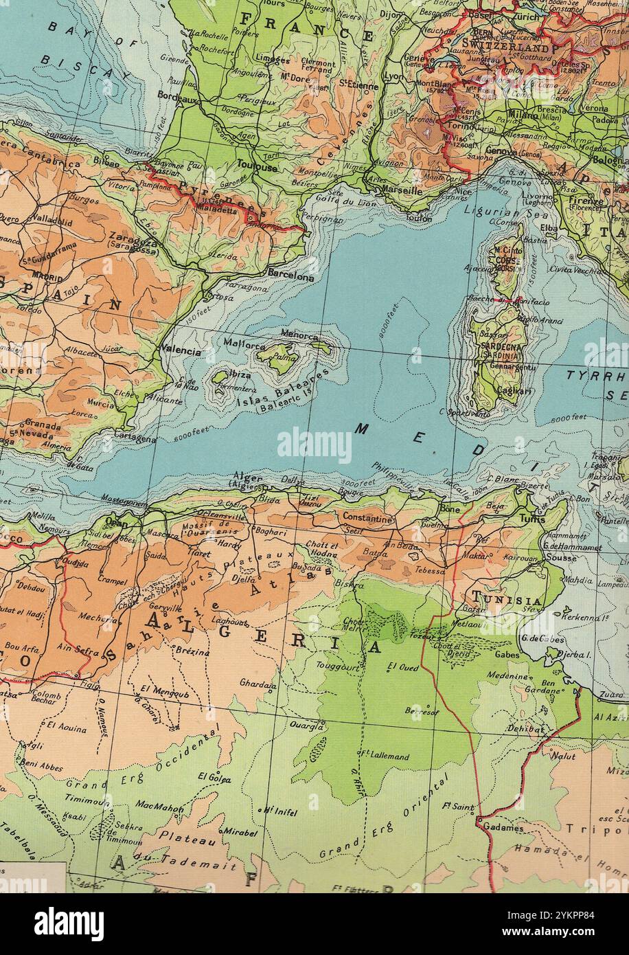 A vintage mid 20th century geographical map showing the western ...