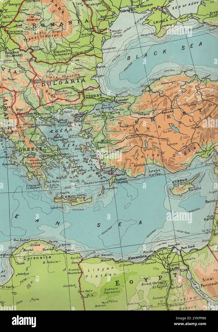 A vintage mid 20th century geographical map showing the eastern ...