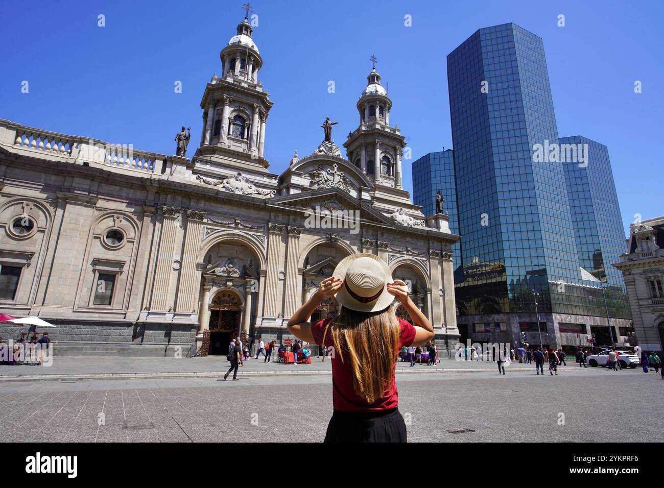 Tourism in Santiago de Chile. Rear view of traveler girl visiting Plaza ...