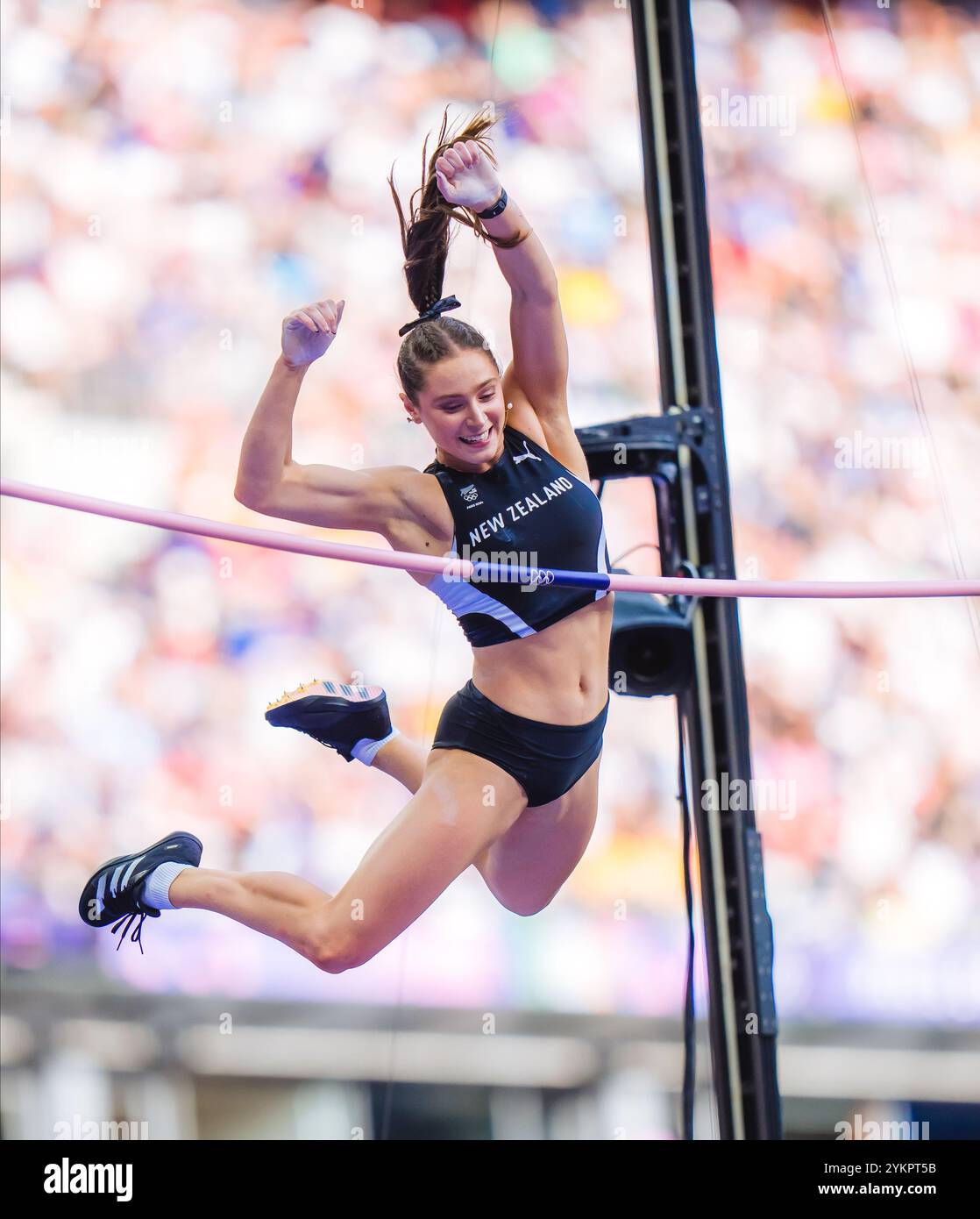 Imogen Ayris participating in the pole vault at the Paris 2024 Olympic ...