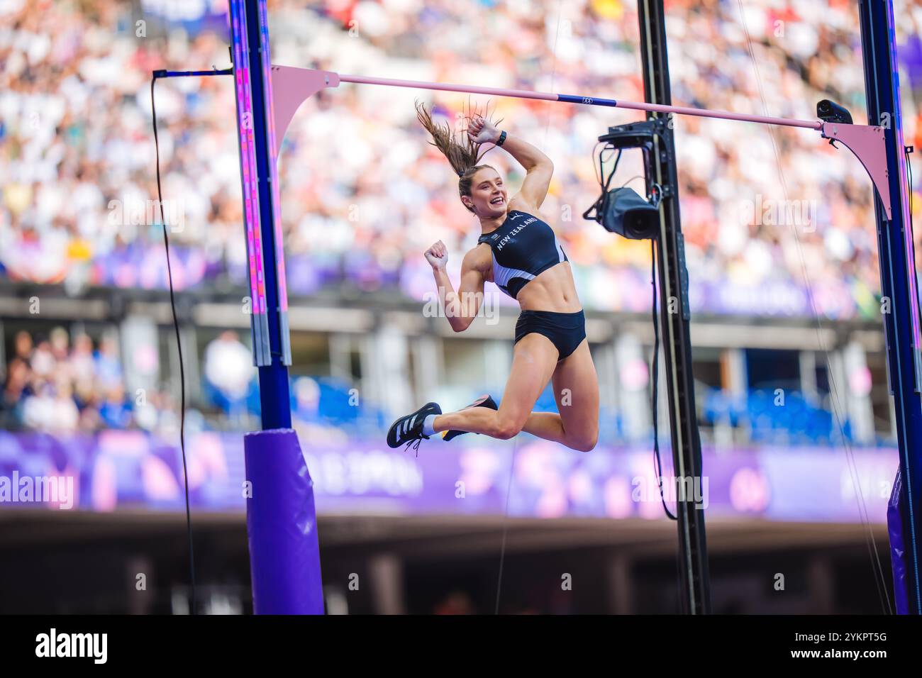 Imogen Ayris participating in the pole vault at the Paris 2024 Olympic ...