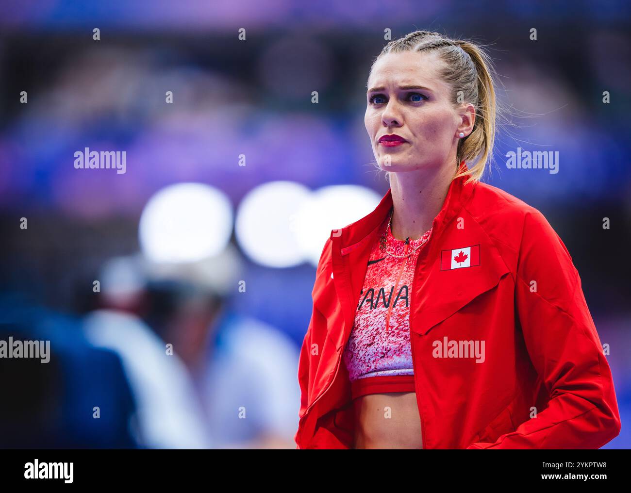 Alysha Newman participating in the pole vault at the Paris 2024 Olympic ...