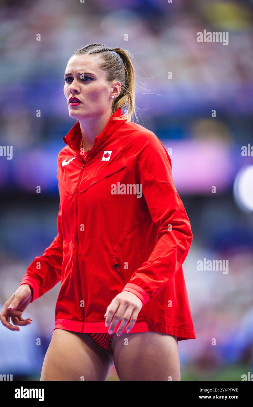 Alysha Newman participating in the pole vault at the Paris 2024 Olympic ...