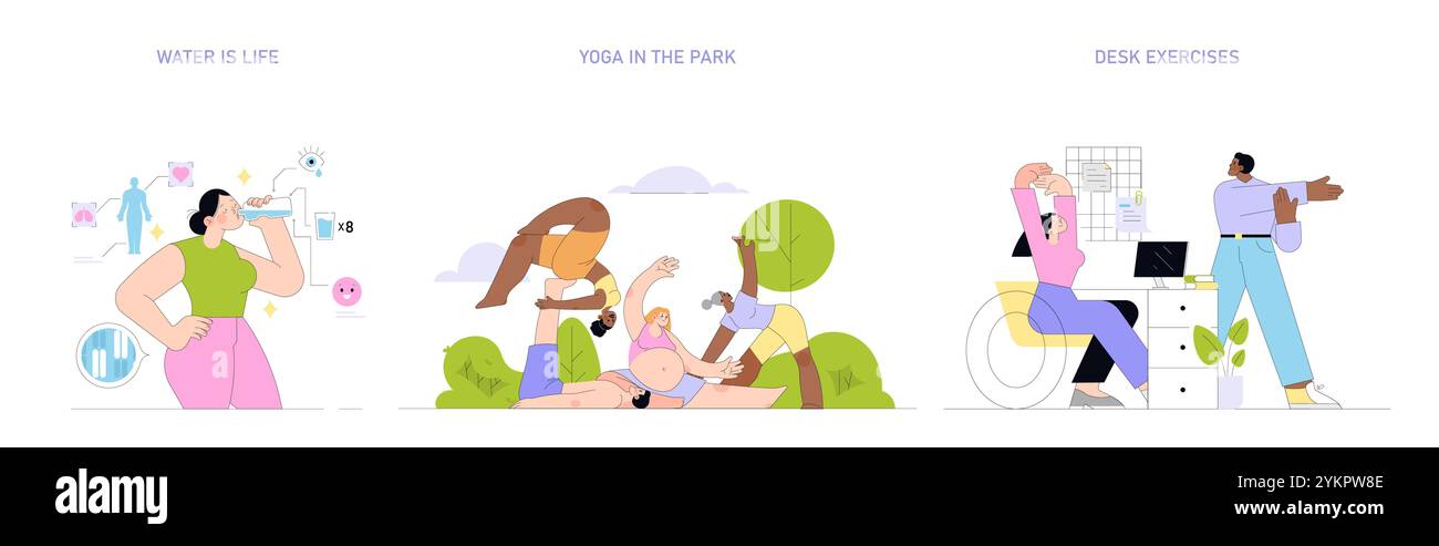 Healthy Lifestyle set. Hydration, outdoor yoga, and office fitness ...