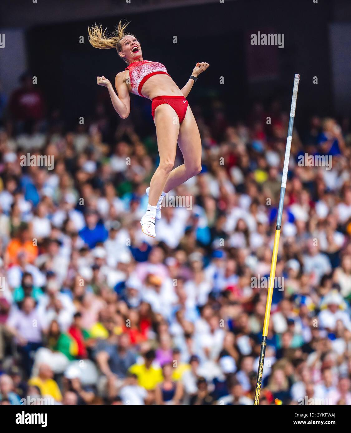 Alysha Newman participating in the pole vault at the Paris 2024 Olympic ...