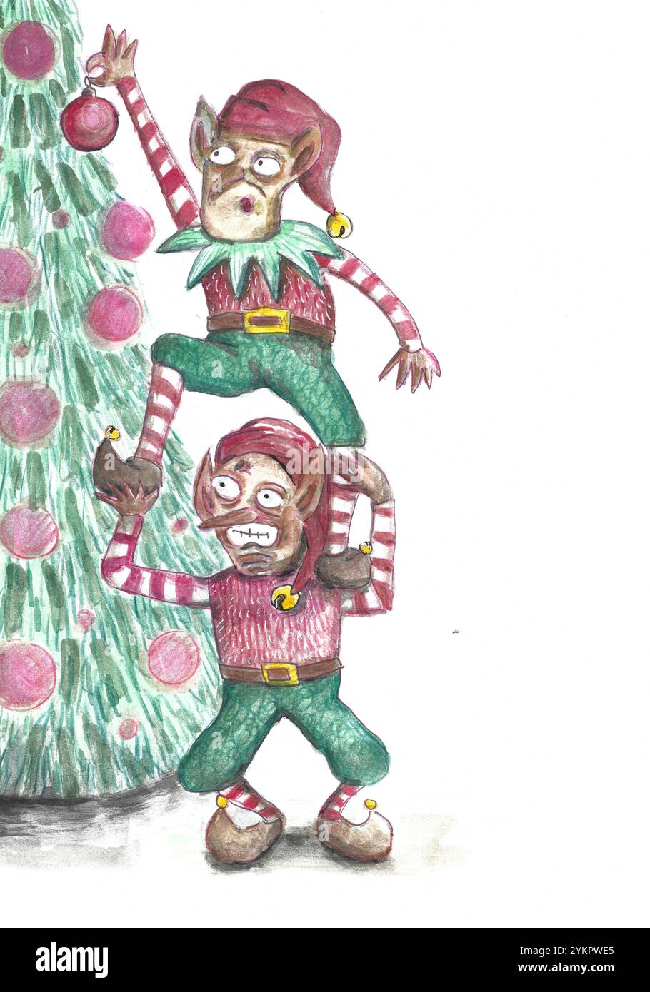 llustration of a Christmas scene with two crazy elves decorating the ...