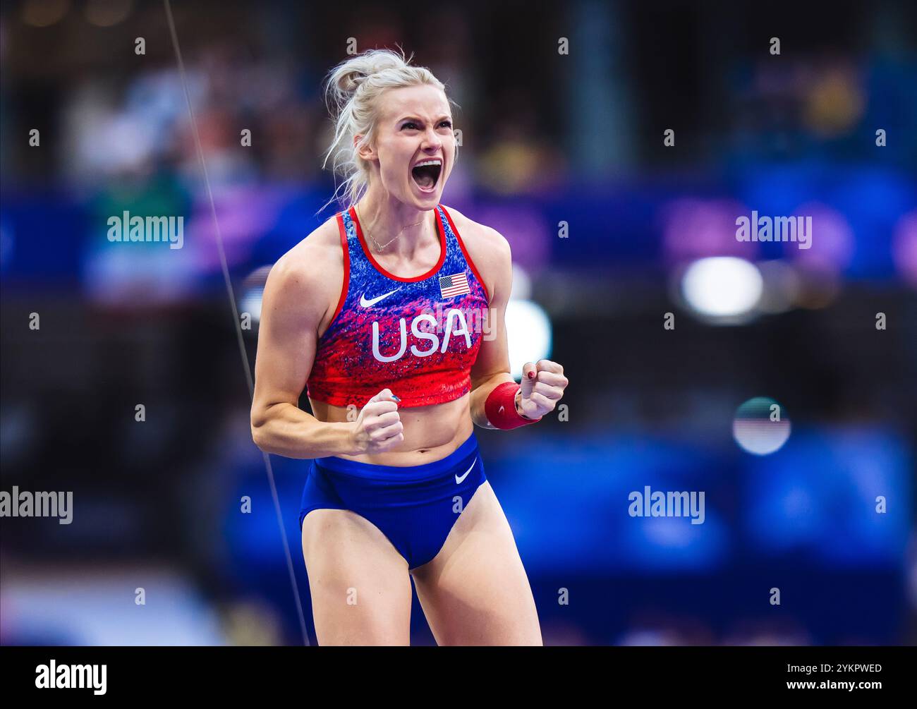 Katie Moon participating in the pole vault at the Paris 2024 Olympic ...