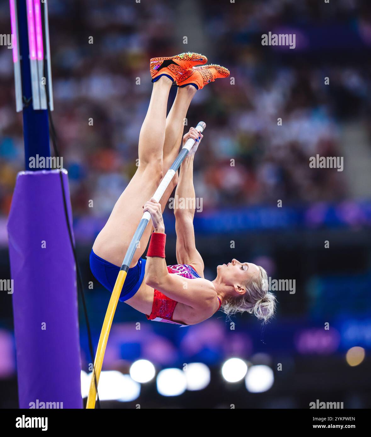 Katie Moon participating in the pole vault at the Paris 2024 Olympic ...